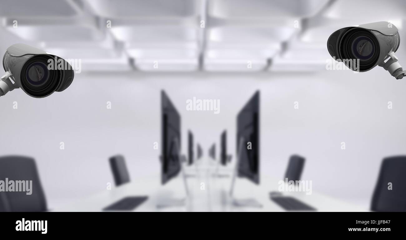 Digital composite of CCTV cameras in conference room with computers and ...