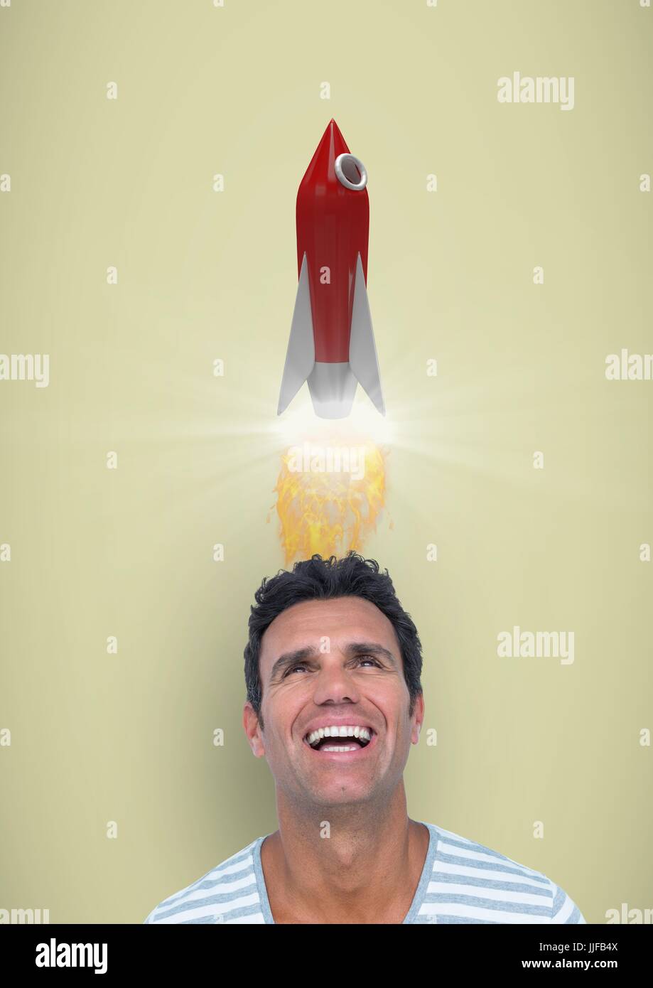 Digital composite of Digital image of man having rocket launch over ...