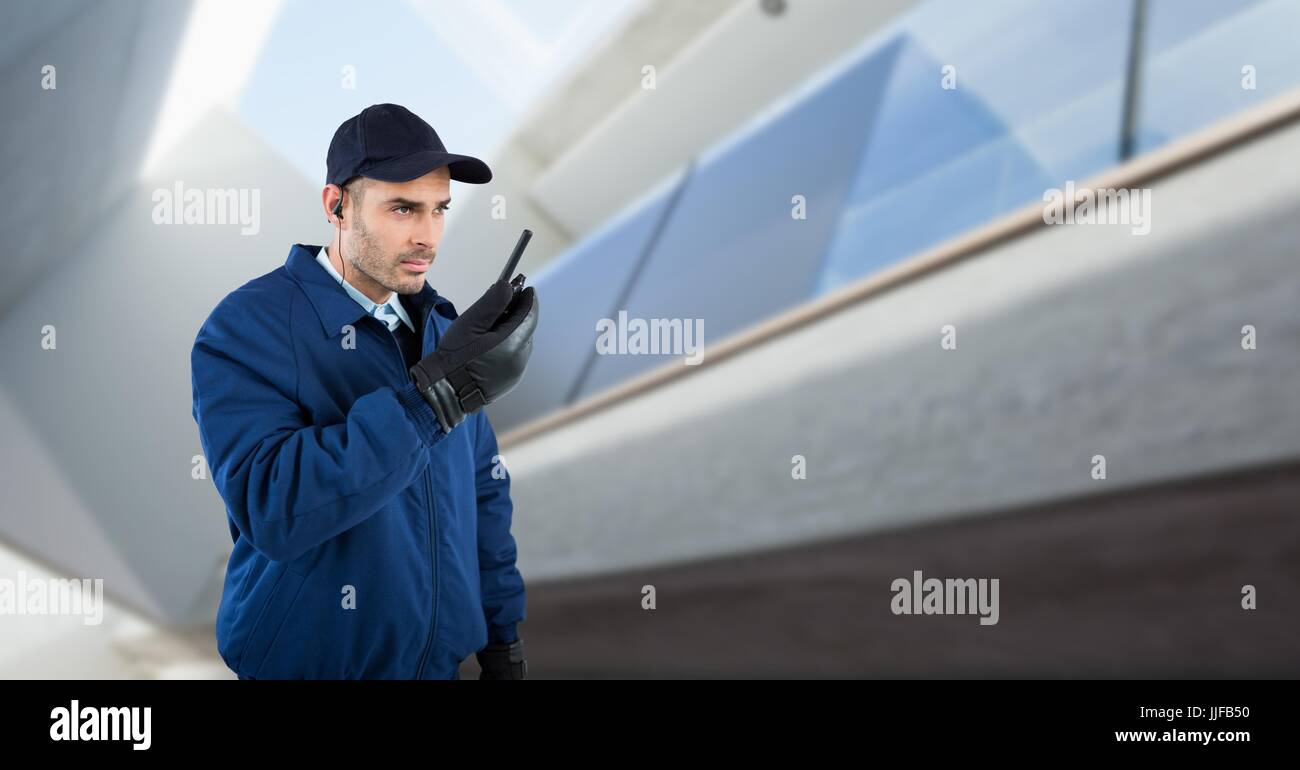 Digital composite of Security guard talking on walkie talkie while ...