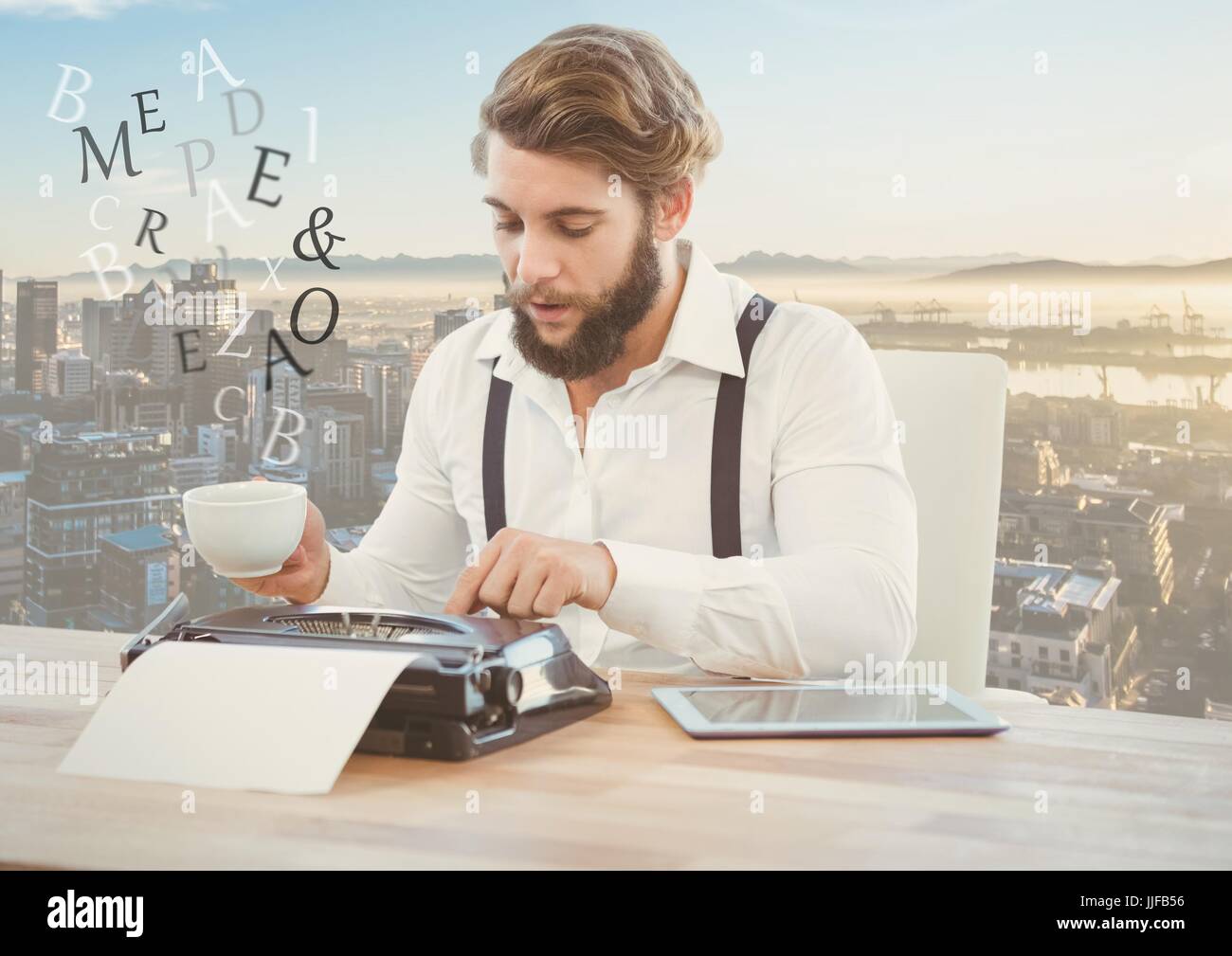 Digital composite of Hipster man on typewriter with letters over city ...