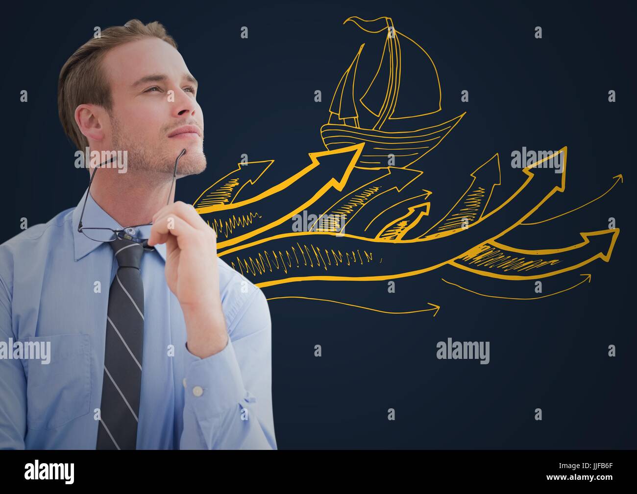 Digital composite of Business man thinking against yellow boat doodle ...