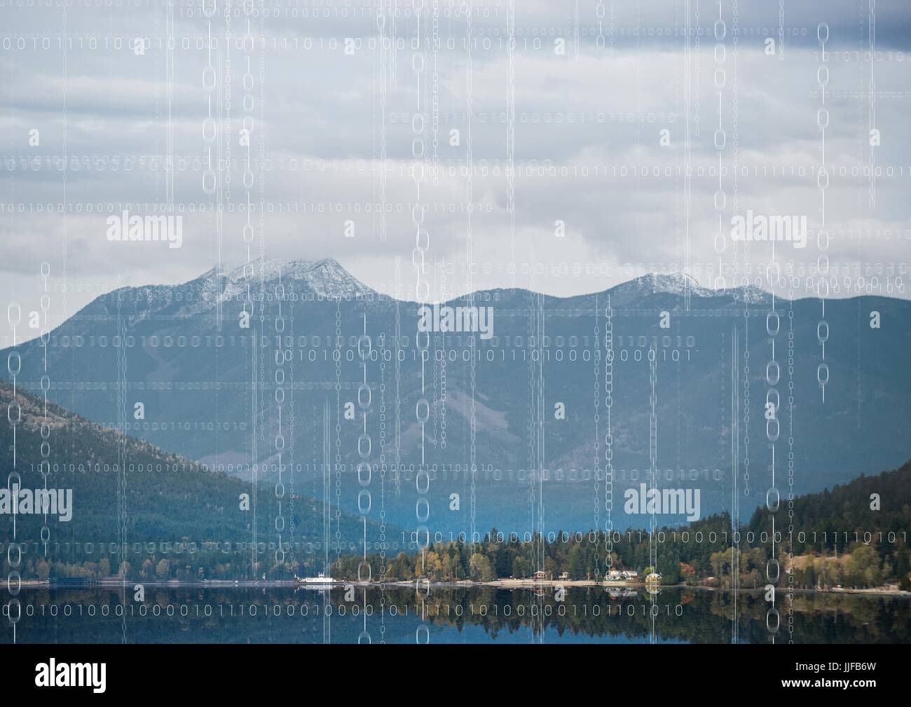 Digital composite of White binary code against mountain and water Stock ...
