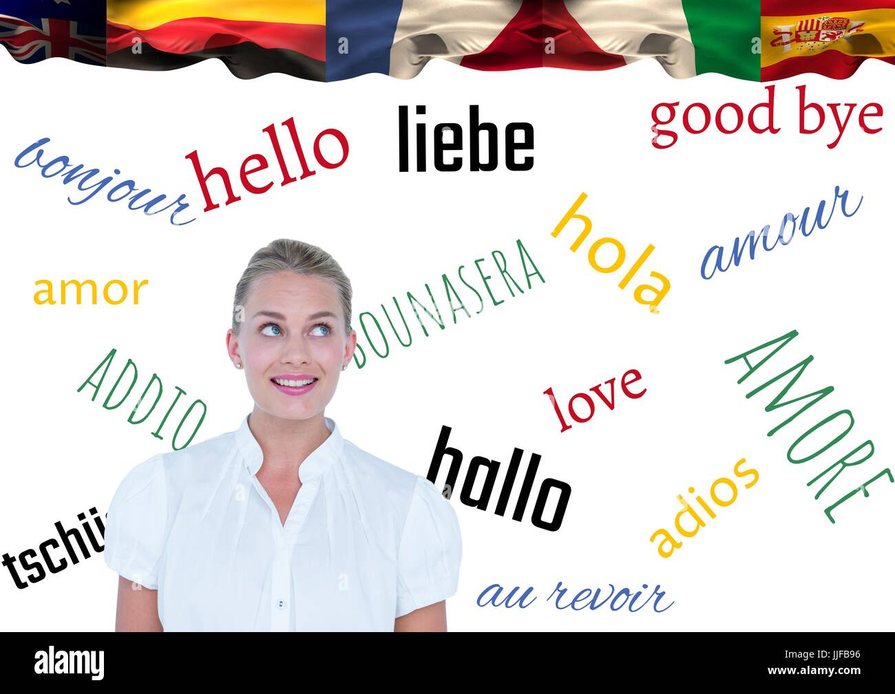 Digital composite of main language flags over young businesswoman Stock ...
