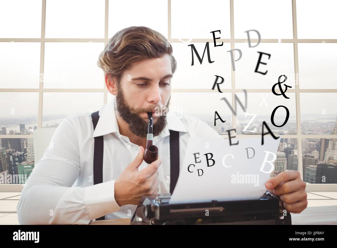 Digital composite of Hipster man with a pipe reflecting on his ...