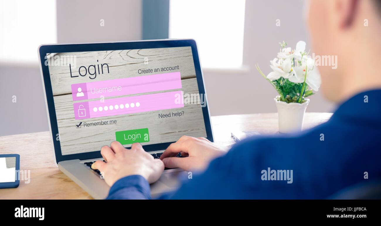 Digital composite of Businessman trying to login while working on ...