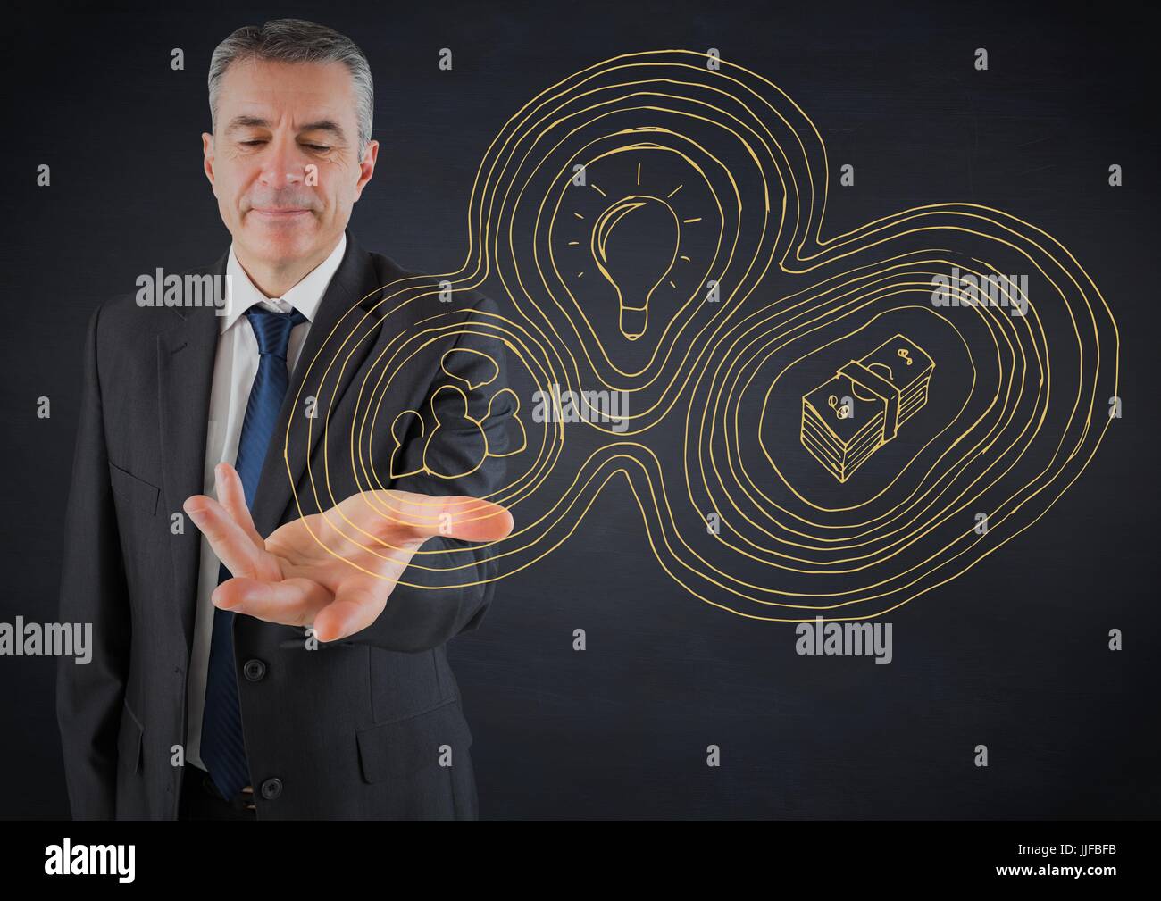 Digital composite of Business man hand out with yellow business doodle ...