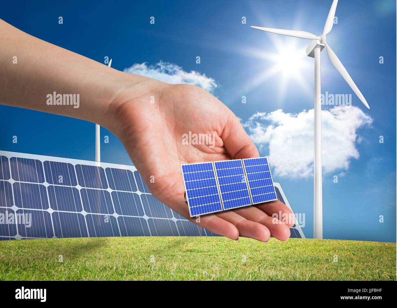 Digital composite of solar panel on hand in front of different devices ...