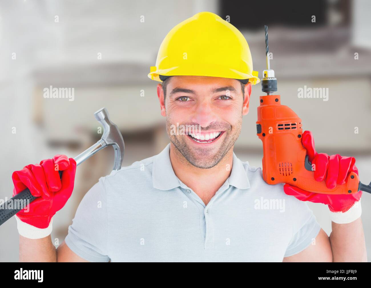 Digital composite of Carpenter with tools on building site Stock Photo ...