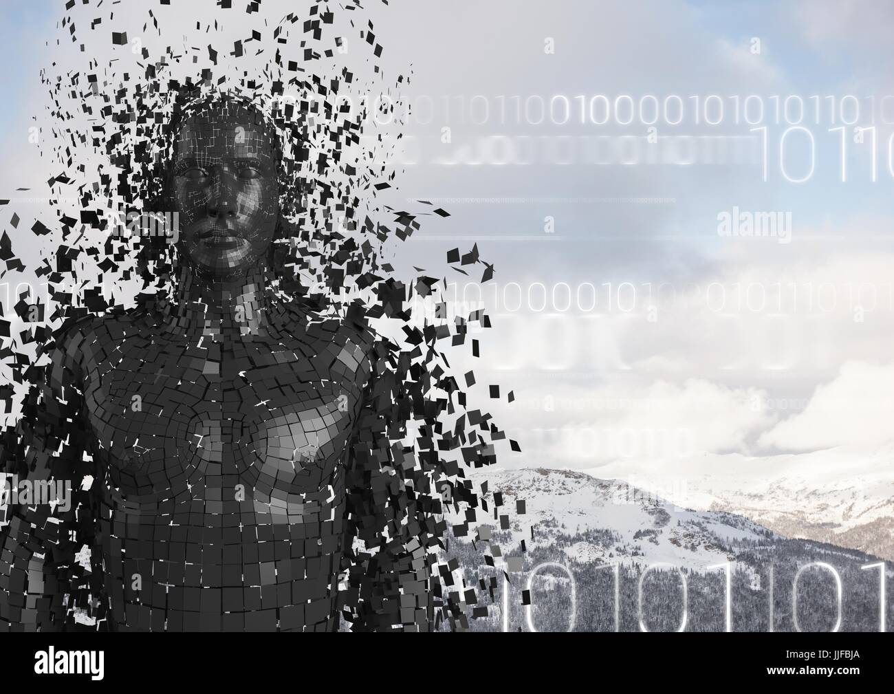 Digital composite of White binary code against black male AI and snowy ...