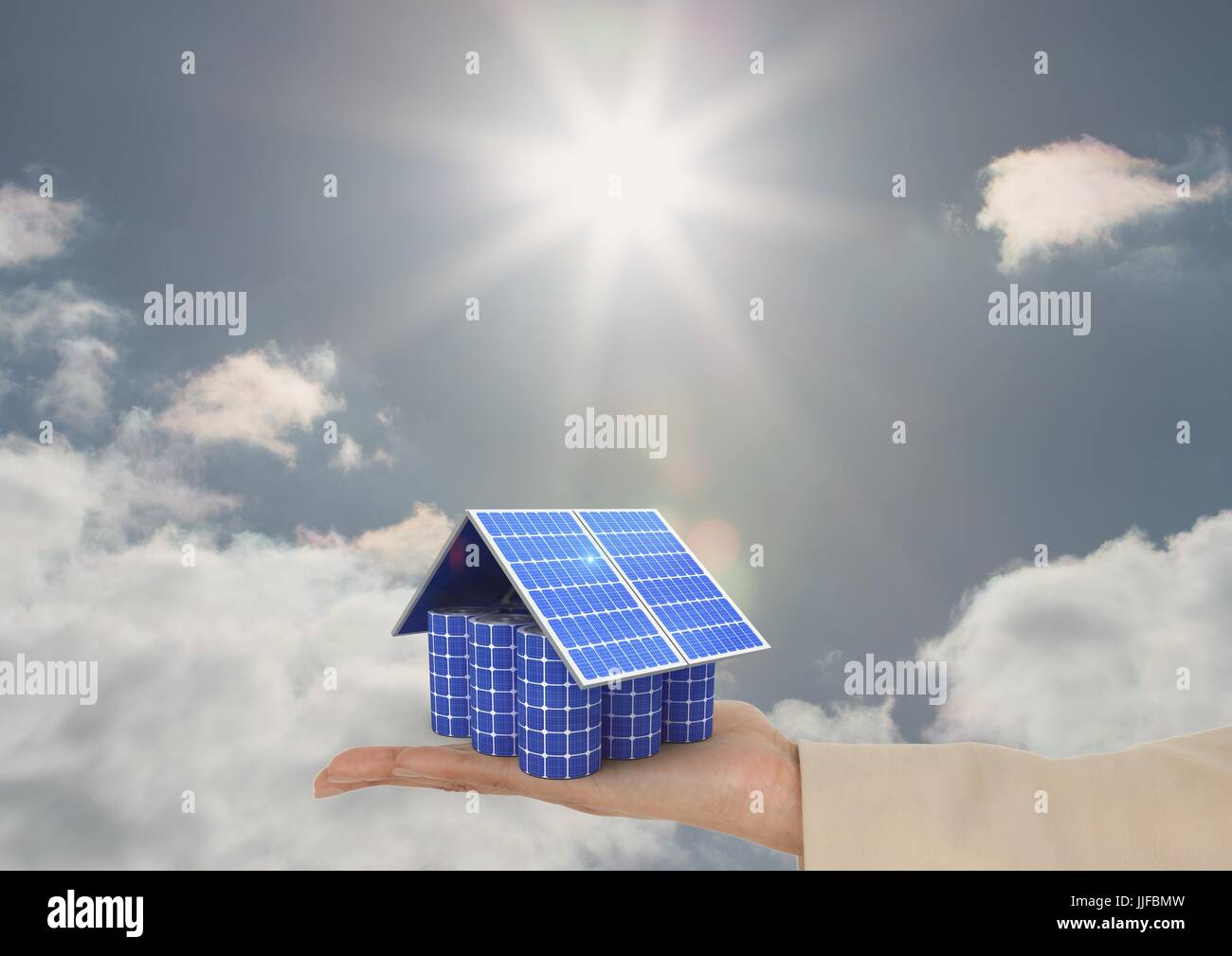 Digital composite of Digital image of solar panels on hand against sky ...