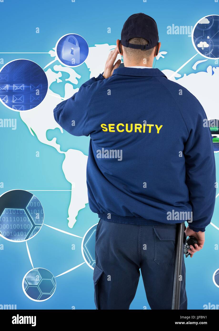 Digital composite of Rear view of security guard looking at various ...