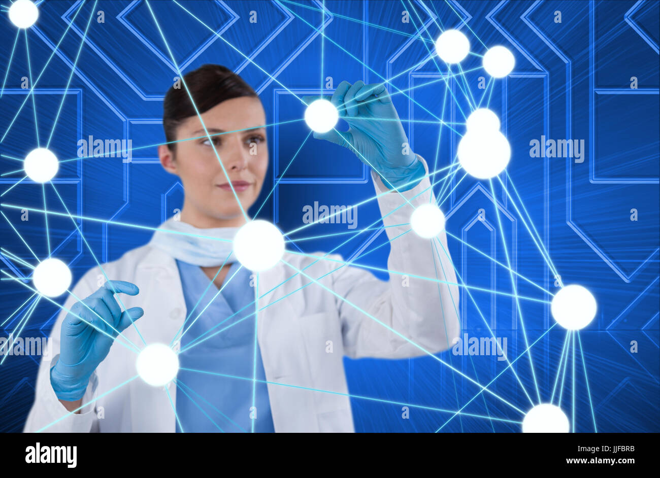 Digital composite of Doctor pointing at screen against blue background ...