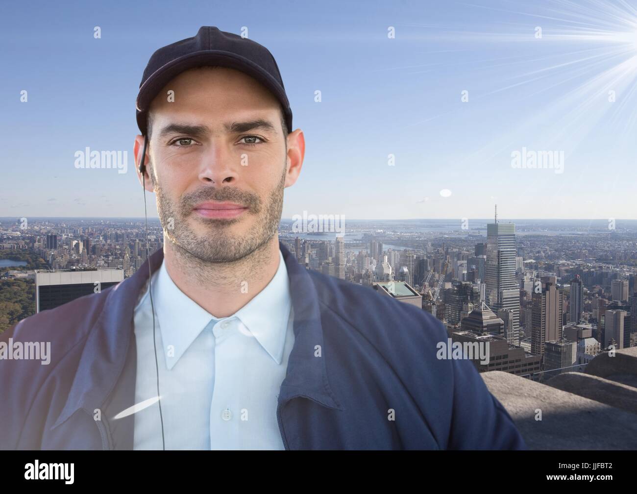 Digital composite of security guard in the rooftop of the building ...