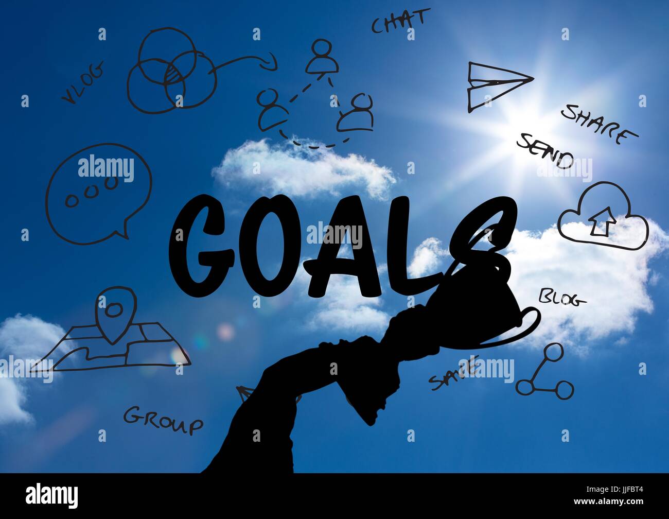 Digital composite of business hand with trophy shade in the sky with ...