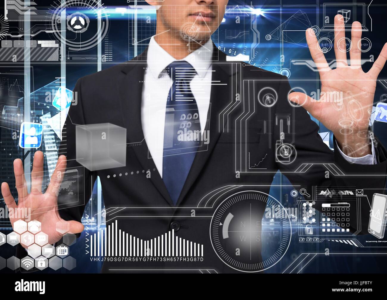Digital composite of futuristic room interface, businessman Stock Photo ...