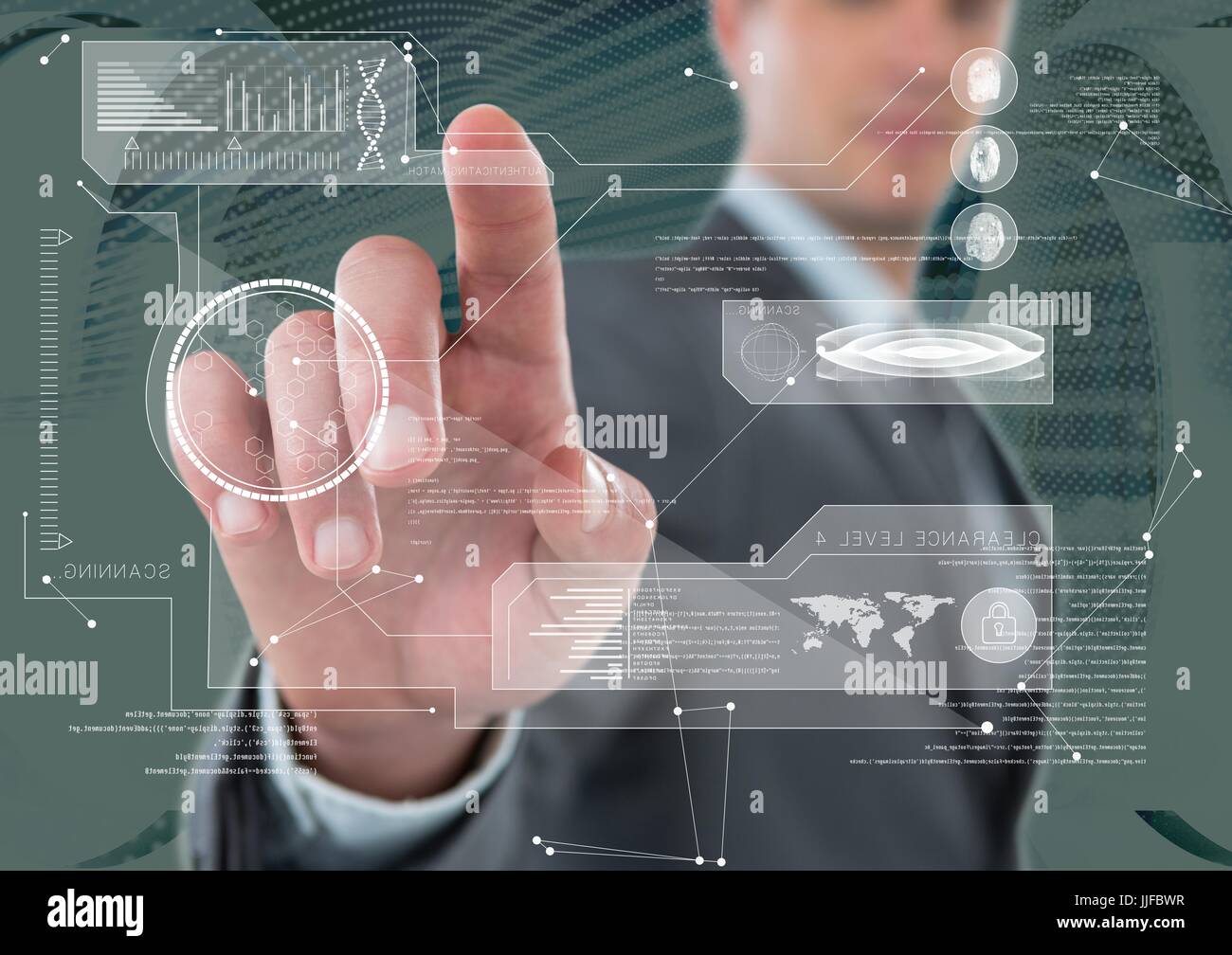 Digital composite of futuristic room interface, dark background and a ...