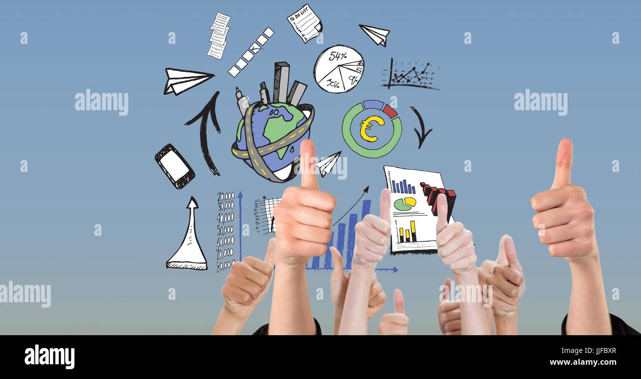 Digital composite of Digital image of hands gesturing thumbs up against ...