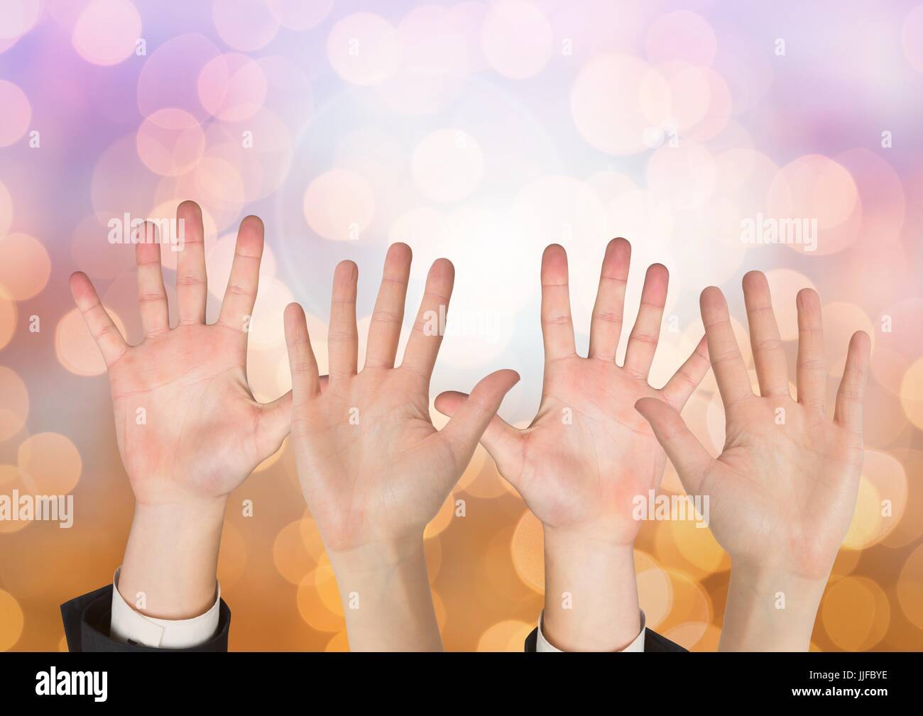Digital composite of Many open Hands with sparkling light bokeh ...