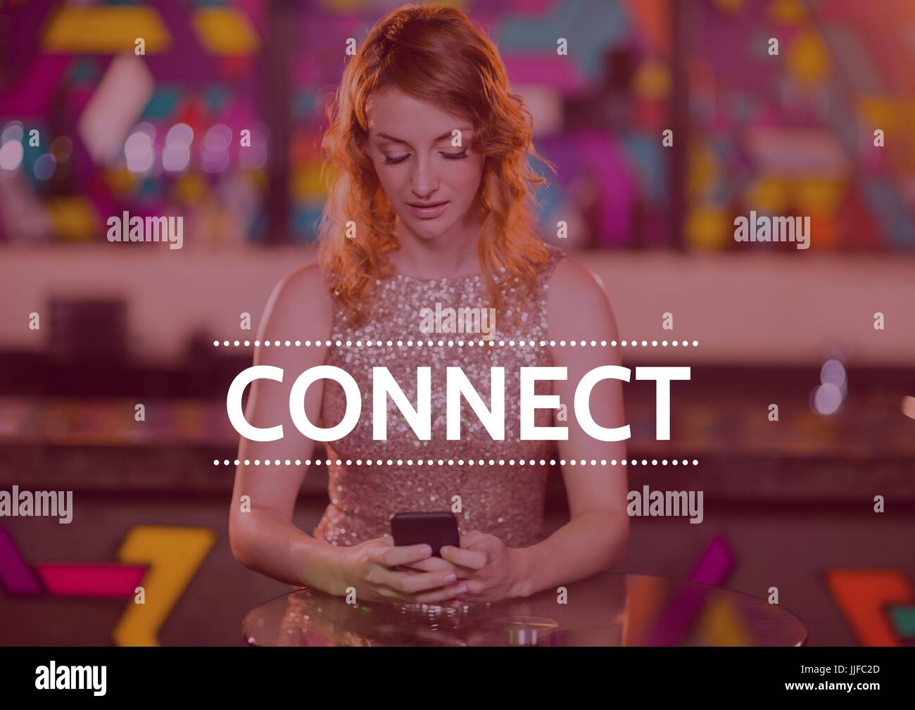 Digital composite of Connect text against woman on phone in club with ...