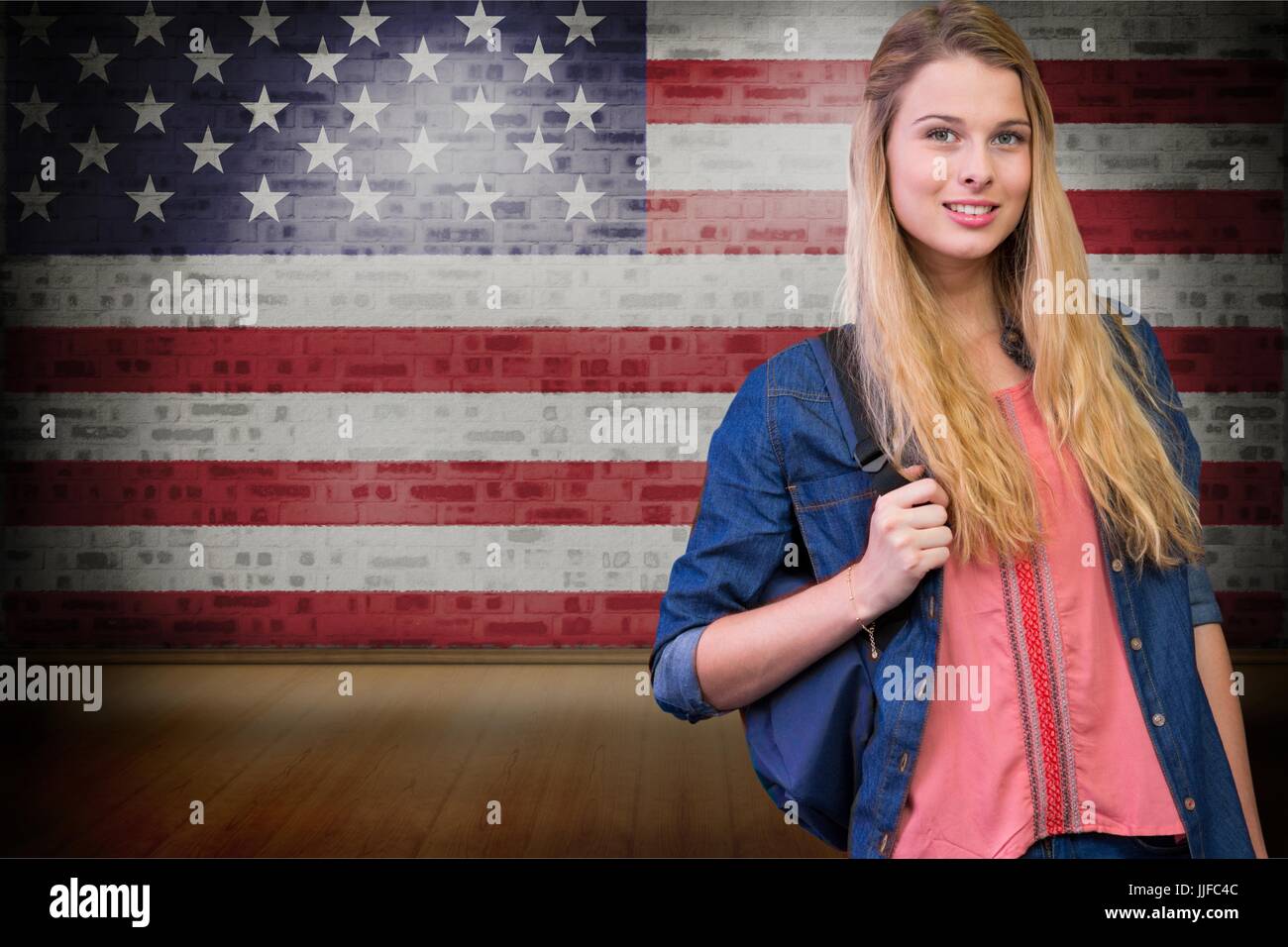 Digital composite of students against American flag Stock Photo - Alamy