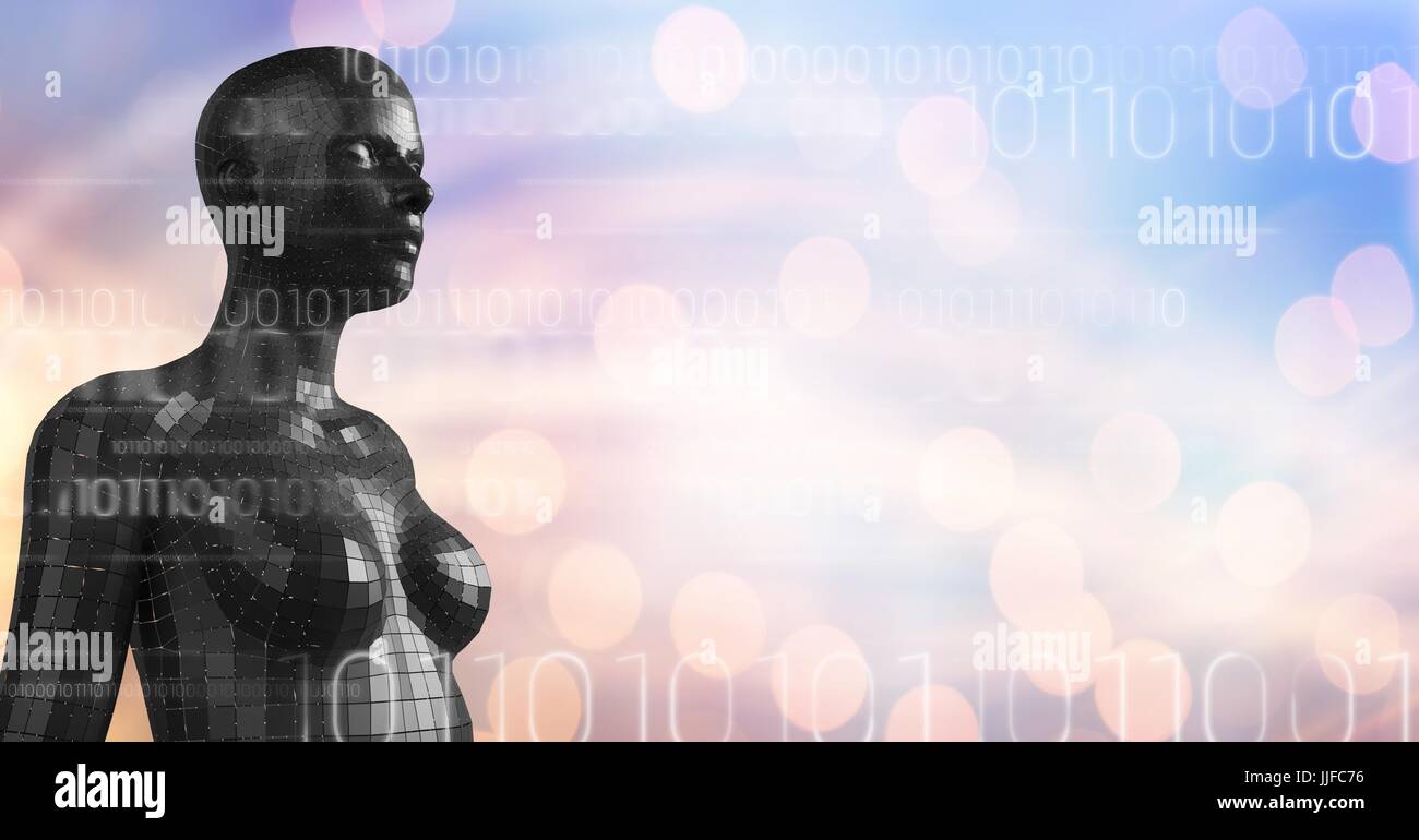 Digital composite of White binary code and black female AI against blue orange bokeh Stock Photo ...