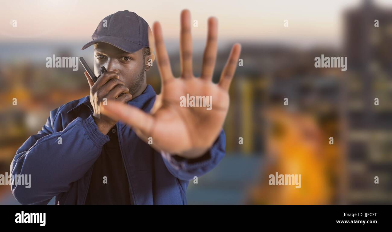 Digital composite of Security man outside with city background Stock ...