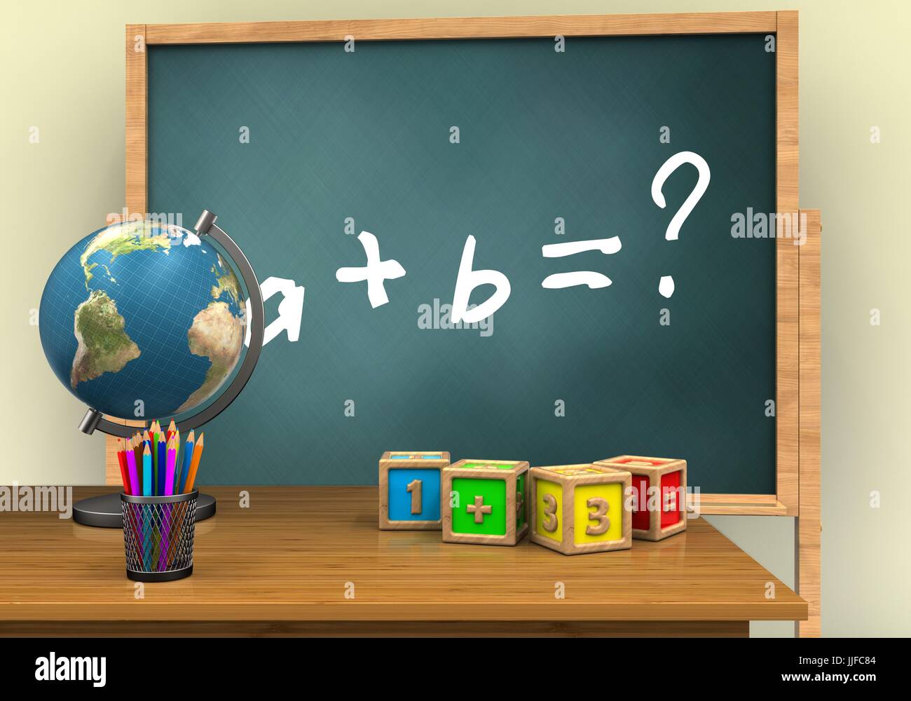 3d illustration of board with math exercise text and math cubes Stock ...