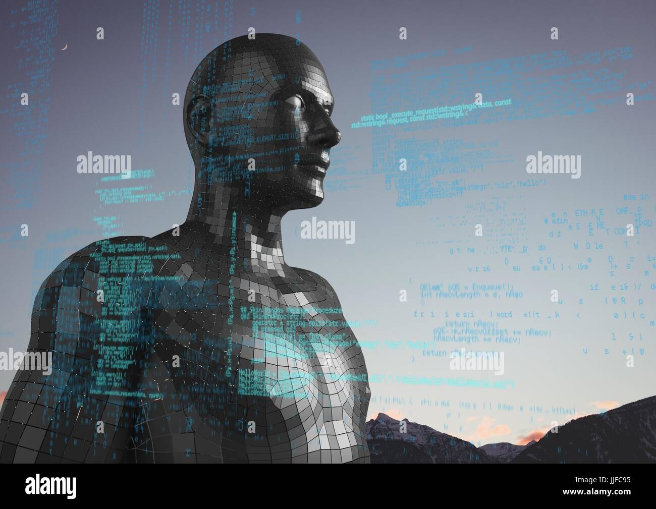 Digital composite of Blue code against black male AI and mountain tops ...
