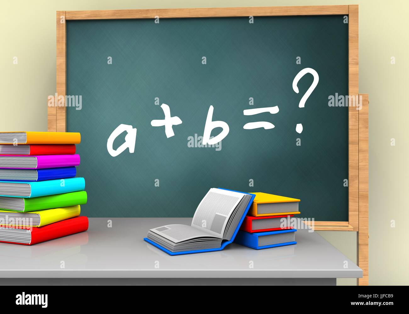 3d illustration of board with math exercise text and books Stock Photo ...