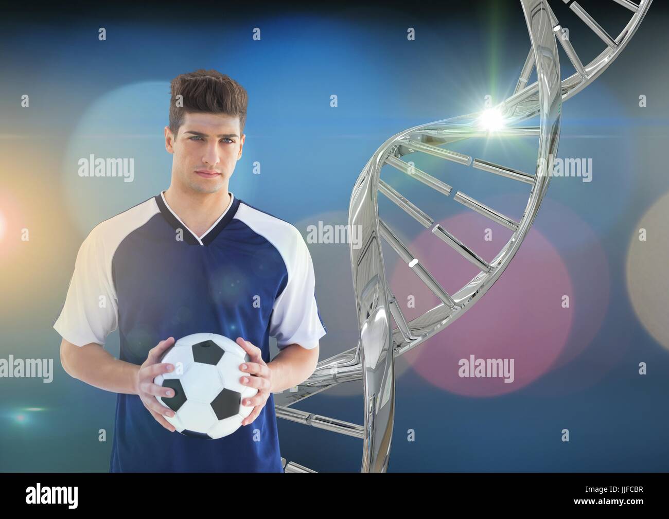 Digital composite of soccer player with iron dna chain and lights ...