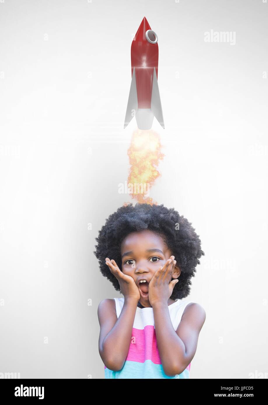 Digital composite of Digital composite image of kid with rocket launch ...
