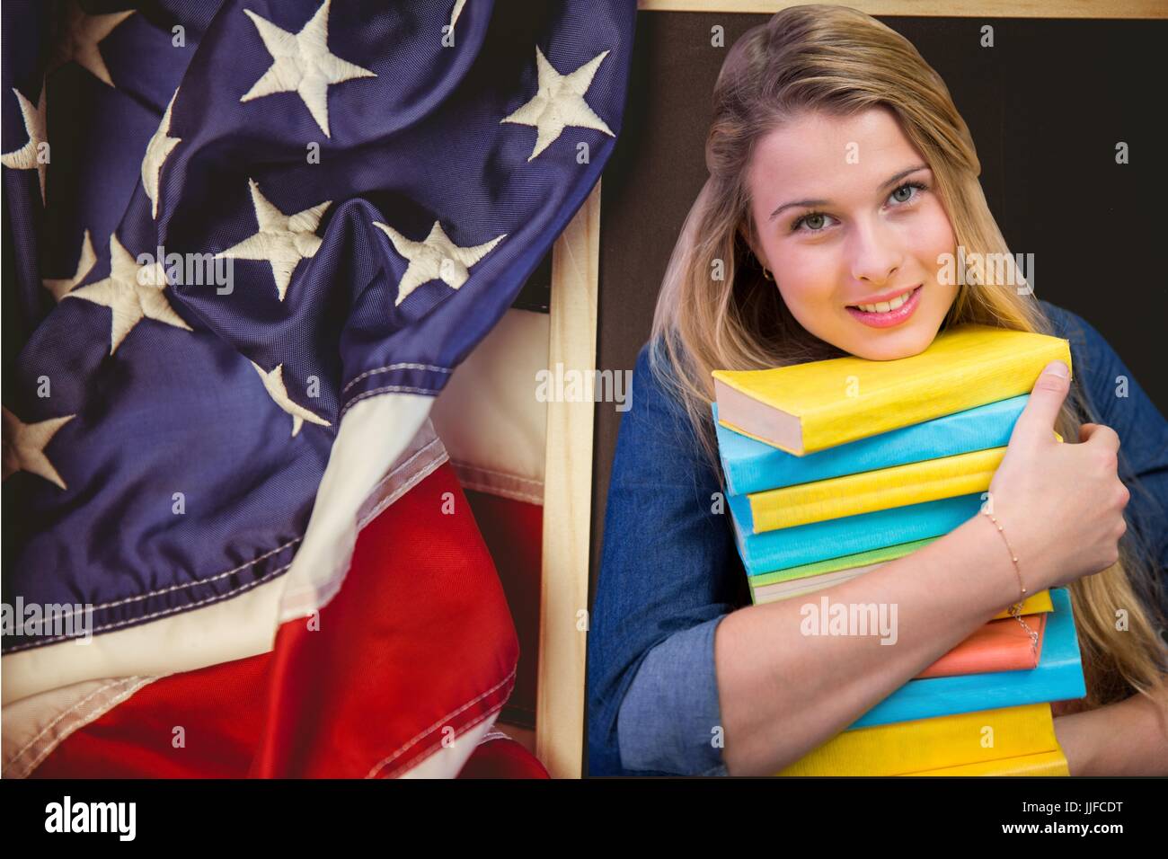 Digital composite of students against American flag Stock Photo - Alamy