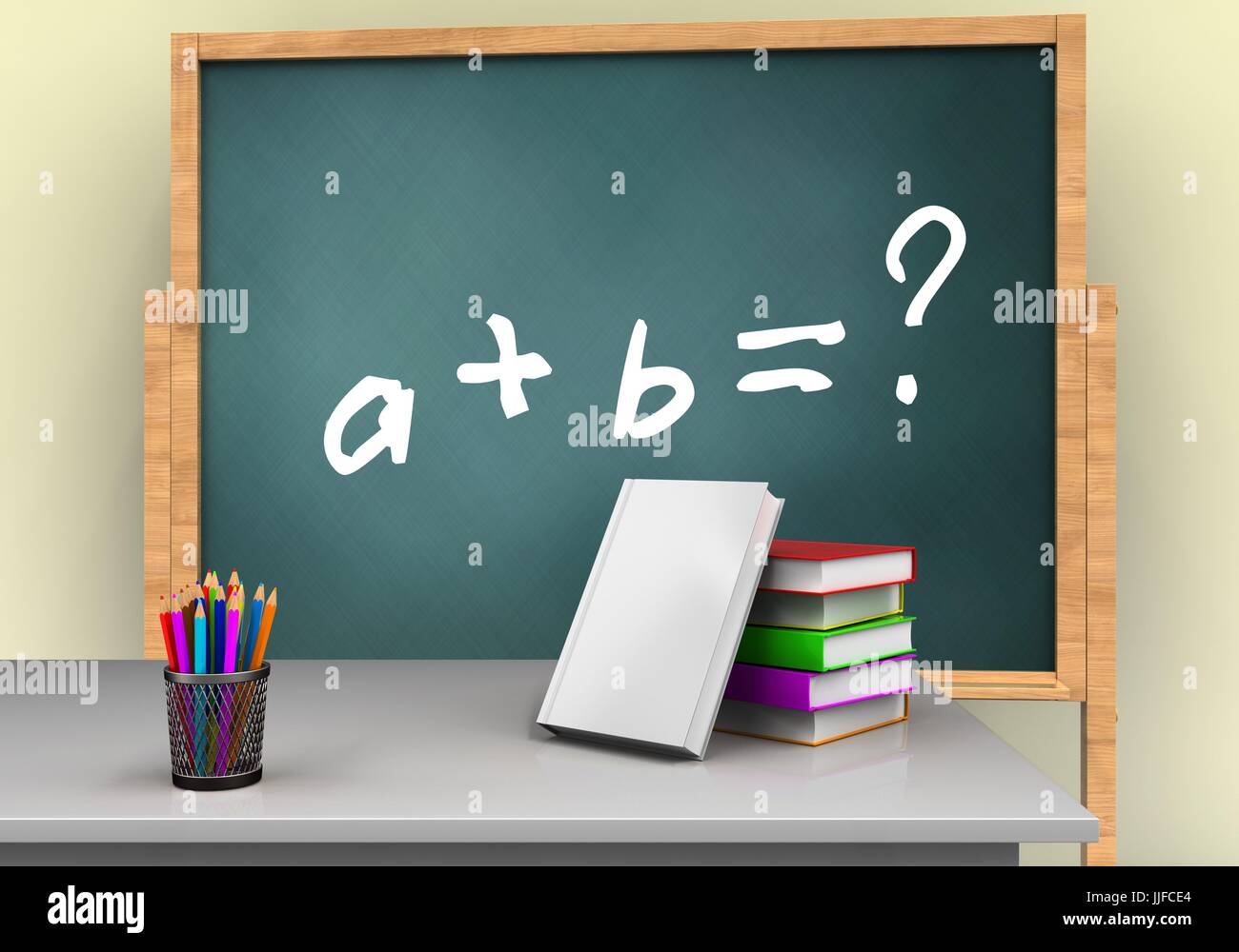 3d illustration of board with math exercise text and books stack Stock ...