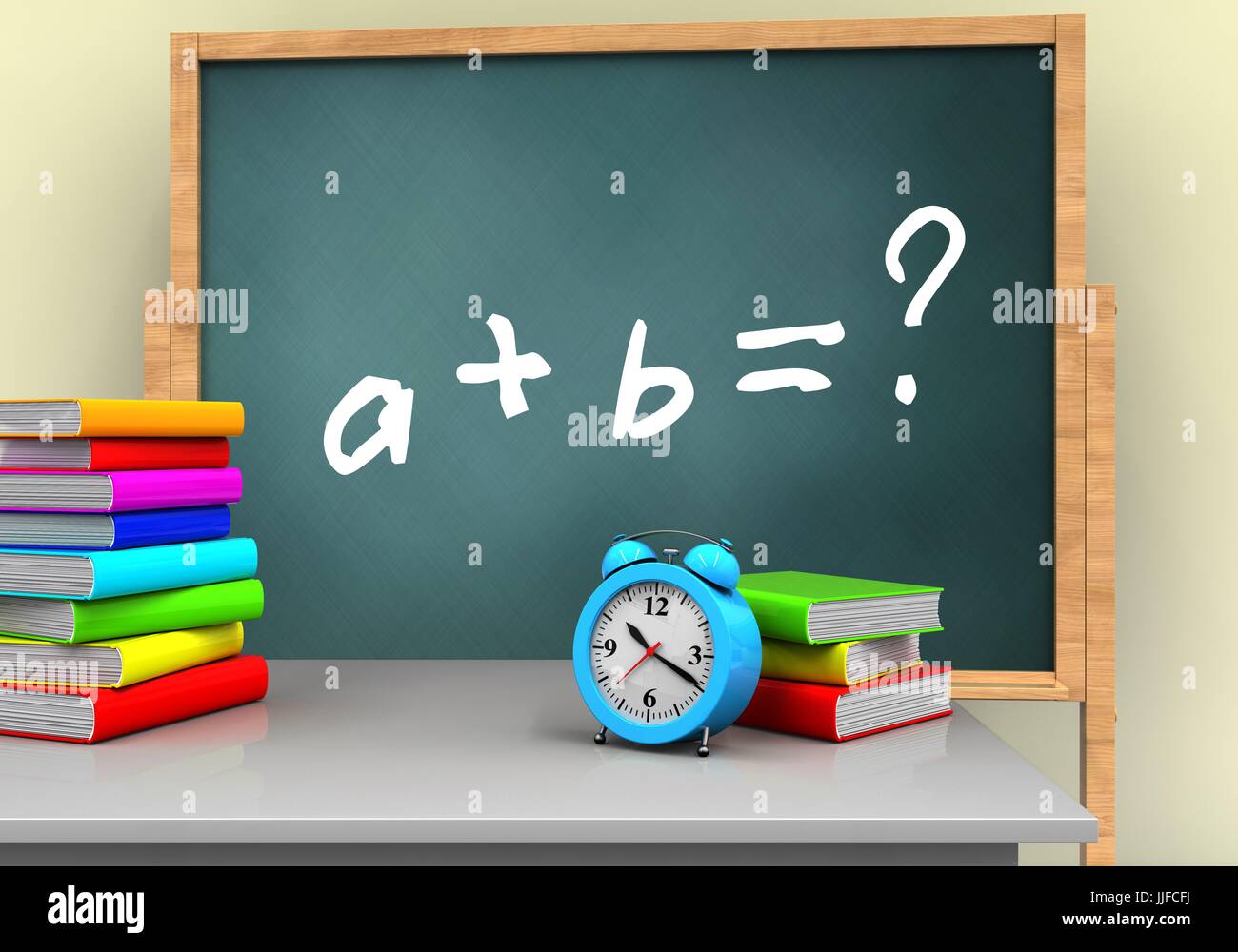 3d illustration of board with math exercise text and alarm clock Stock ...