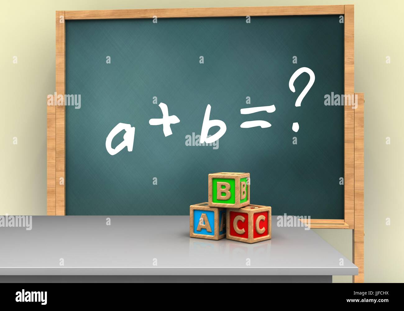 3d illustration of board with math exercise text and abc cubes Stock ...