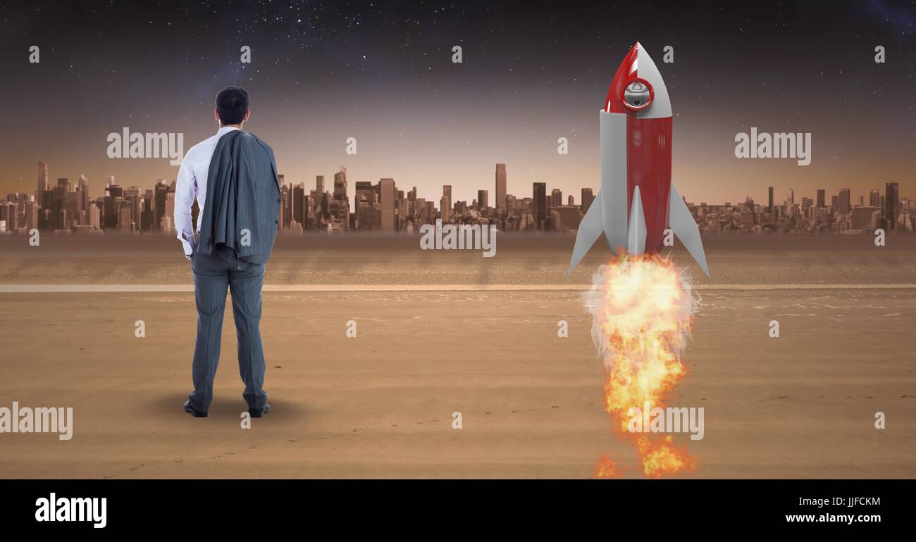 Digital composite of Rear view of businessman standing by rocket launch ...