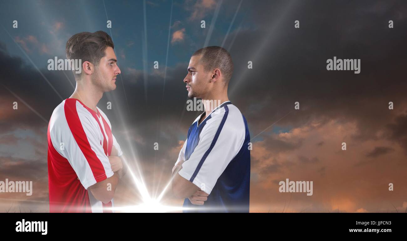 Digital composite of very serious soccer players looking each other ...