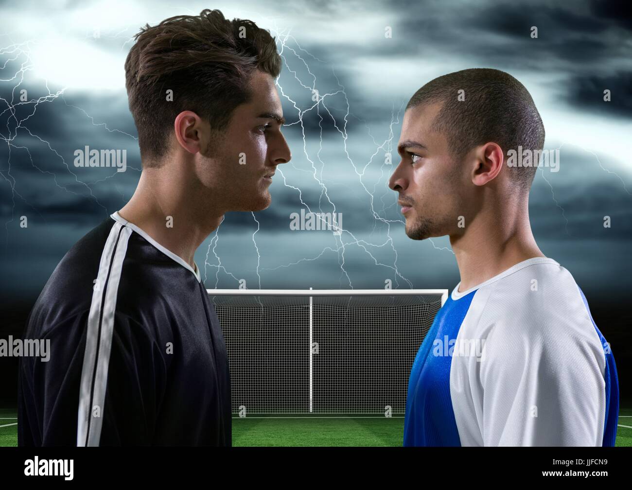 Digital composite soccer players storm behind them hi-res stock ...