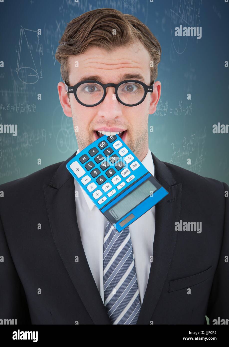 Digital composite of Man with calculator in mouth against math doodles ...