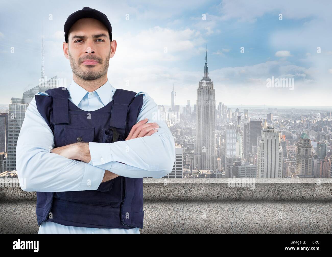 Digital composite of Security guard with arms folded against skyline ...