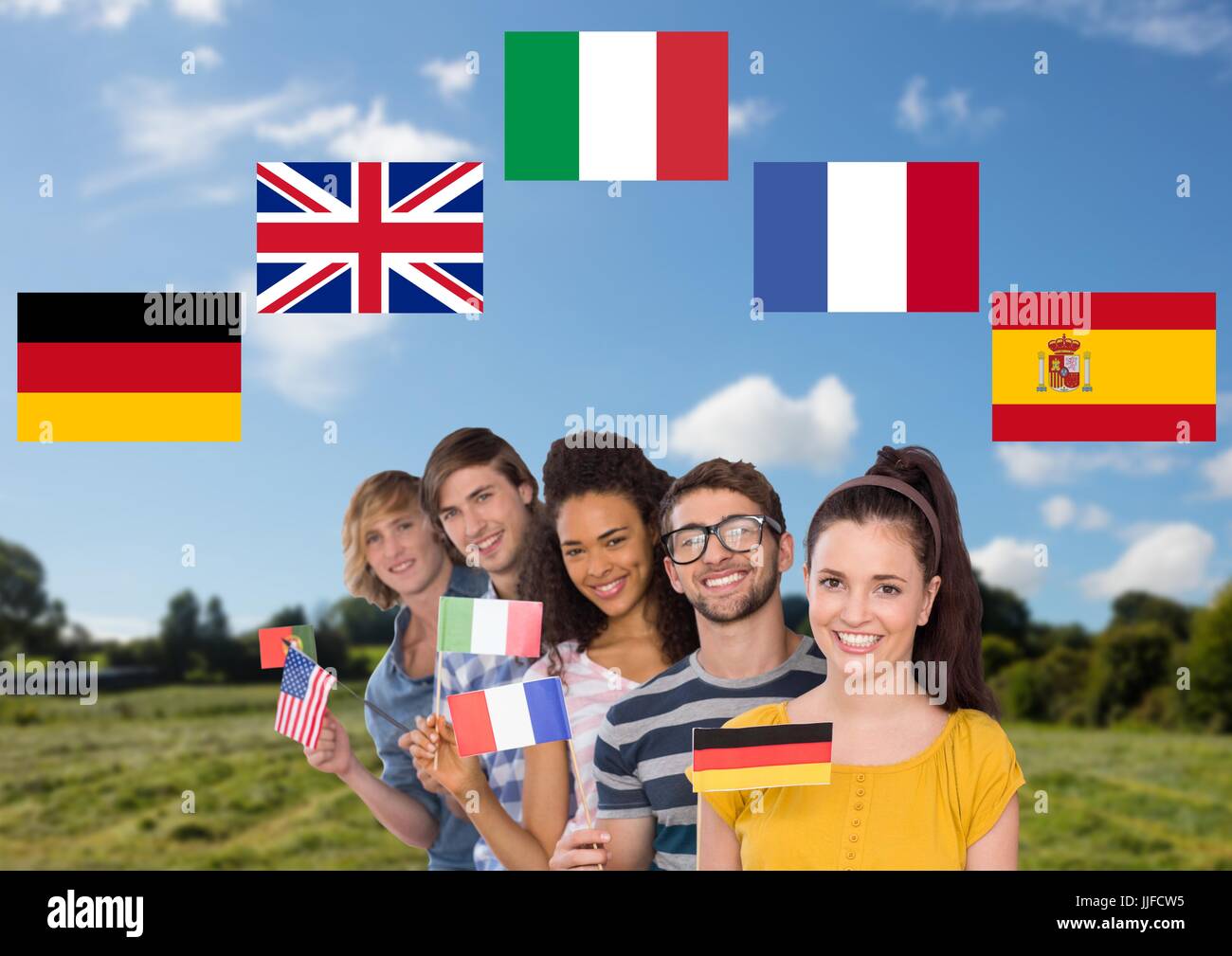 Digital composite of main language flags around group teenagers with ...