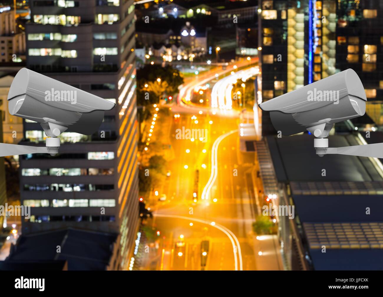 Digital composite of High angle view of CCTV cameras against lights in ...