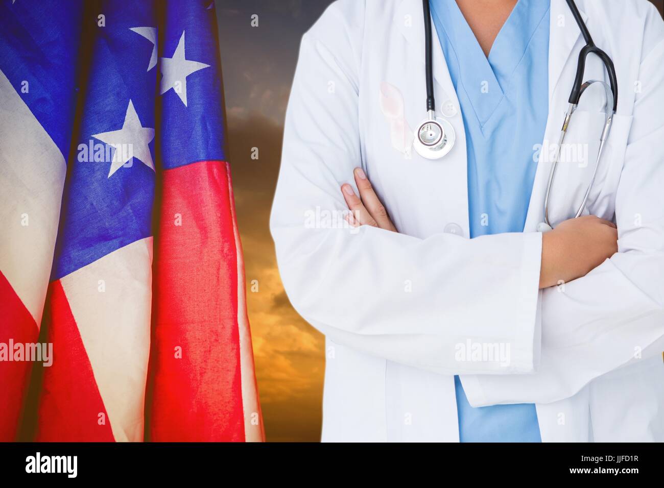 Digital composite of doctor against american flag Stock Photo - Alamy