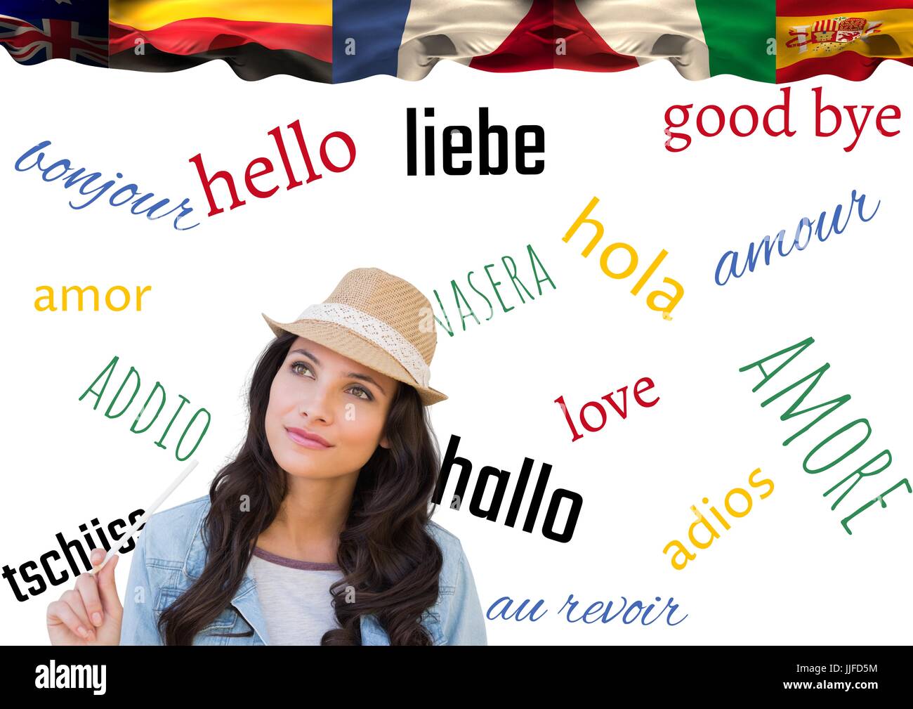 Digital composite of main language flags over young woman with white ...