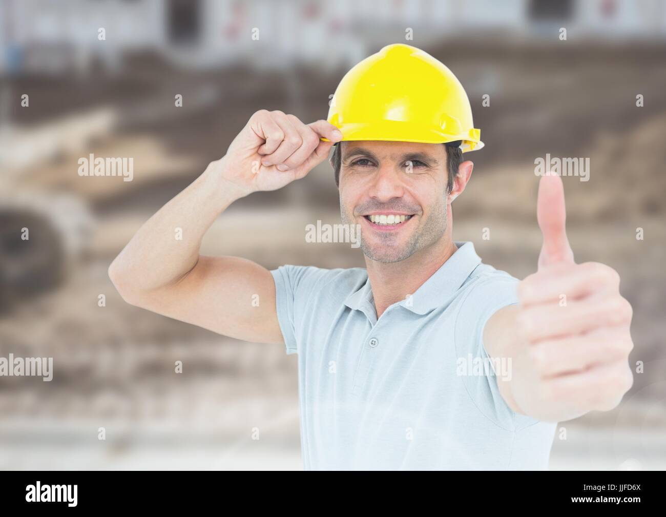 Digital composite of Construction Worker giving thumbs up in front of ...