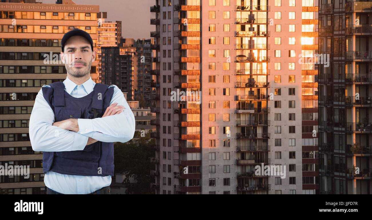 Digital composite of Portrait of confident security guard with arms ...