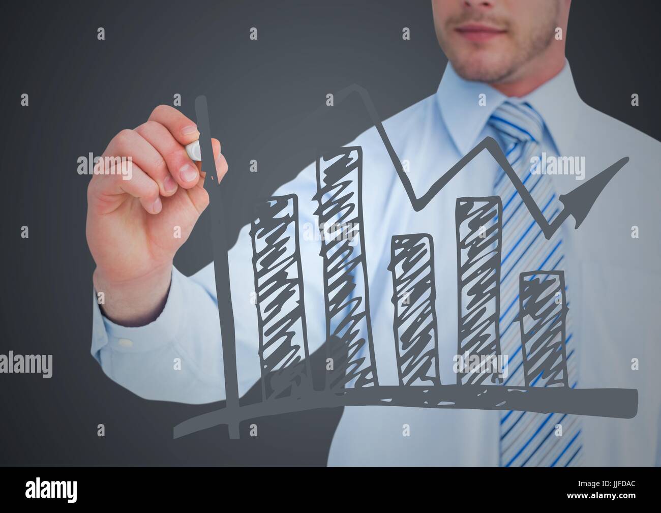 Digital composite of Business man mid section drawing grey graph doodle ...