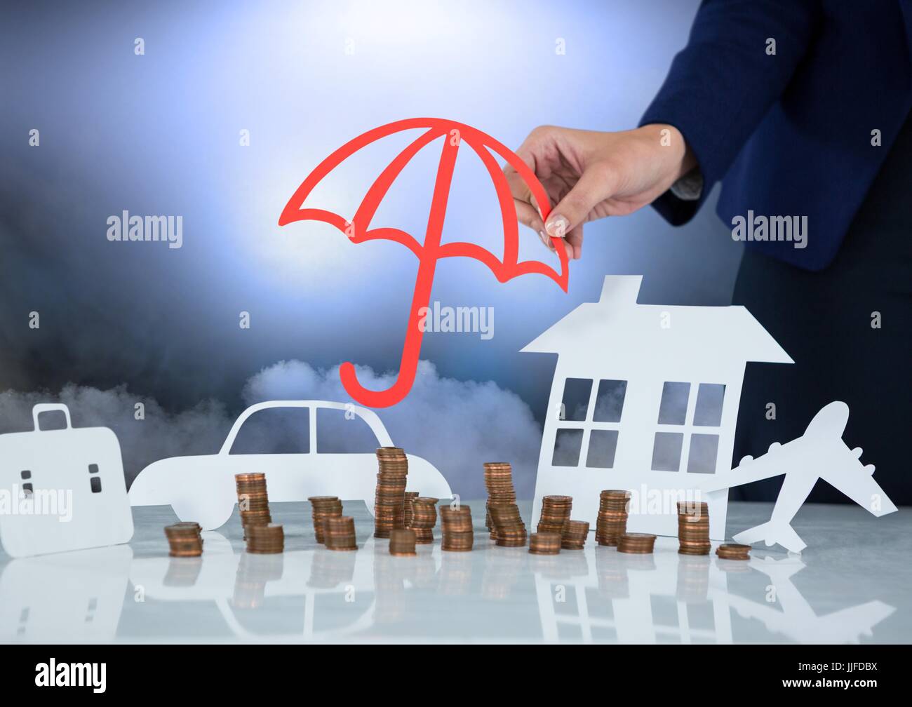 Digital composite of Cut outs Cut outs Insurance with woman holding ...