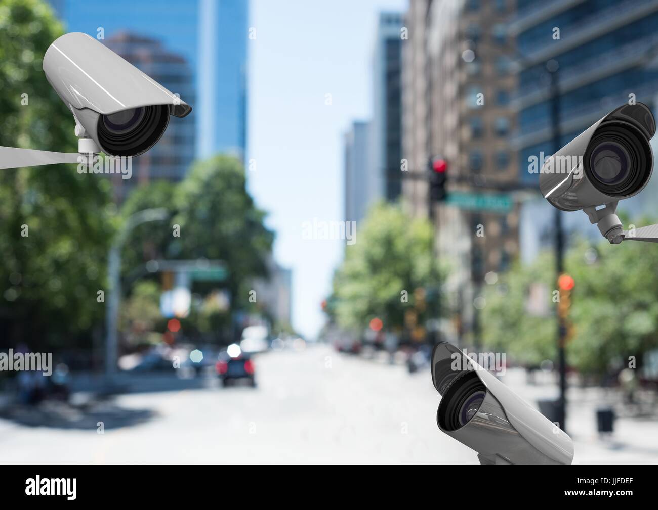 Digital composite of 3 CCTV controlled the street in a blurred road ...