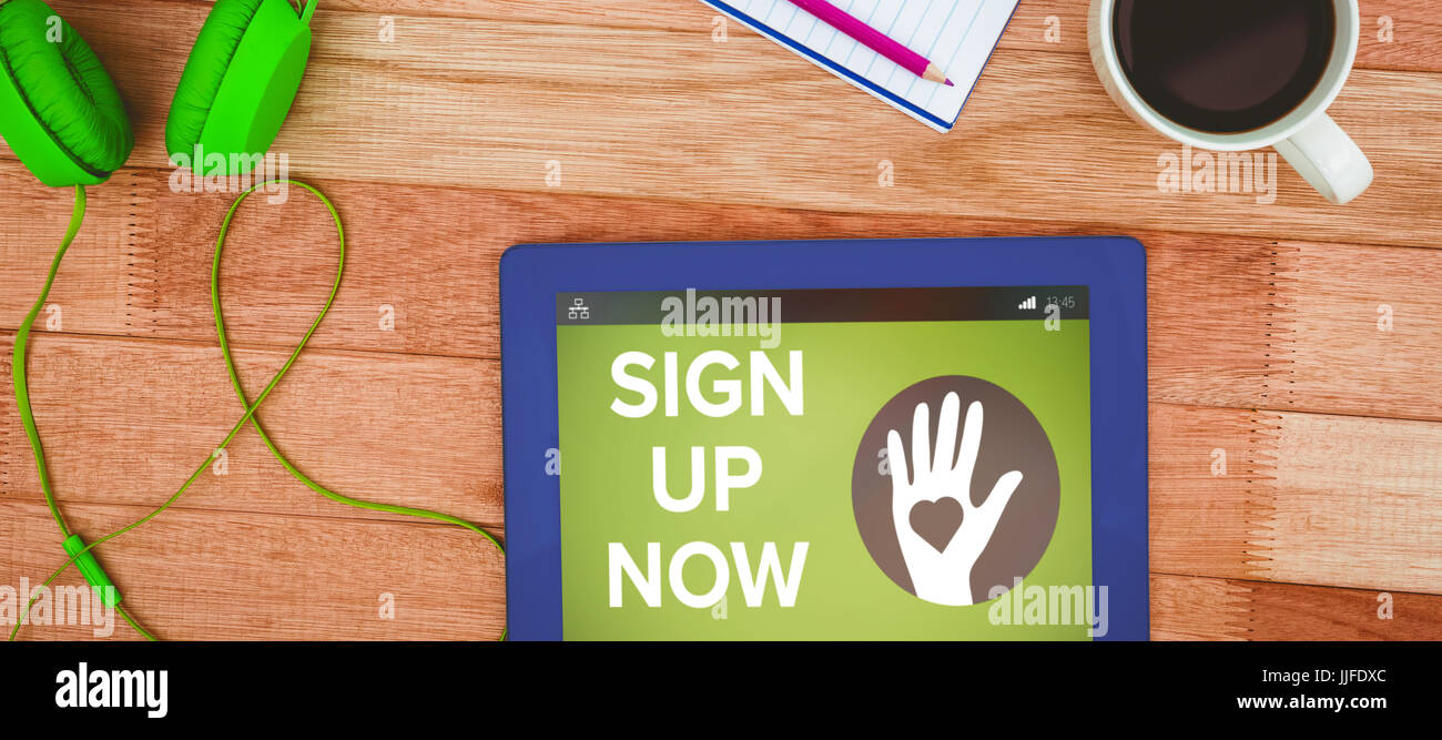 Sign Up Now text with icons on green screen against view of a business ...